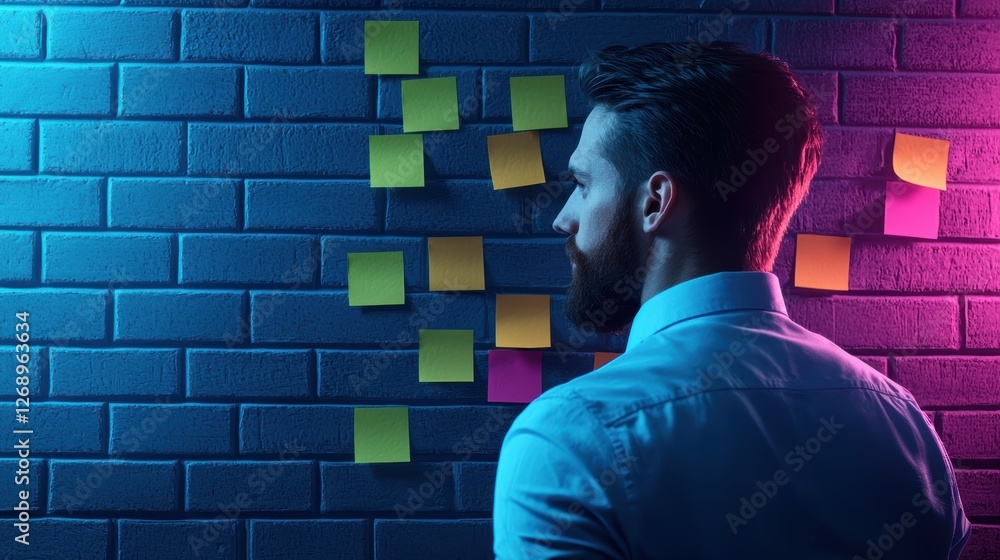 An entrepreneur uses sticky notes on a wall to map out their business ...