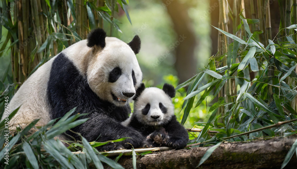 Una mamá oso panda con su adorable cachorro tumbados en un bosque de ...