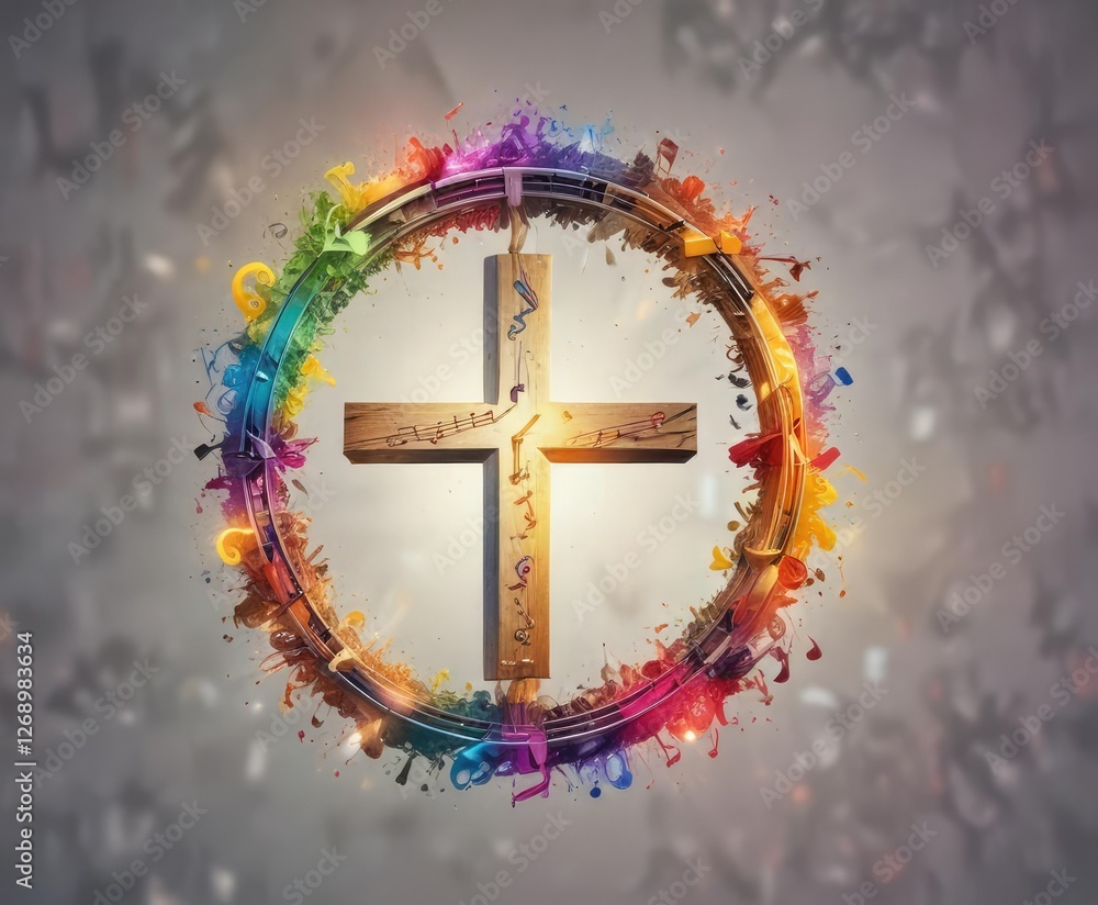 Cross symbol surrounded by a halo of colorful music notes in a ...