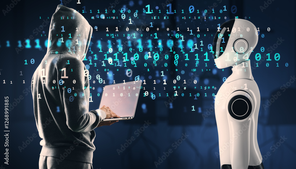 Cybercriminal in hoodie hacking artificial intelligence humanoid robot in digital cyber ...