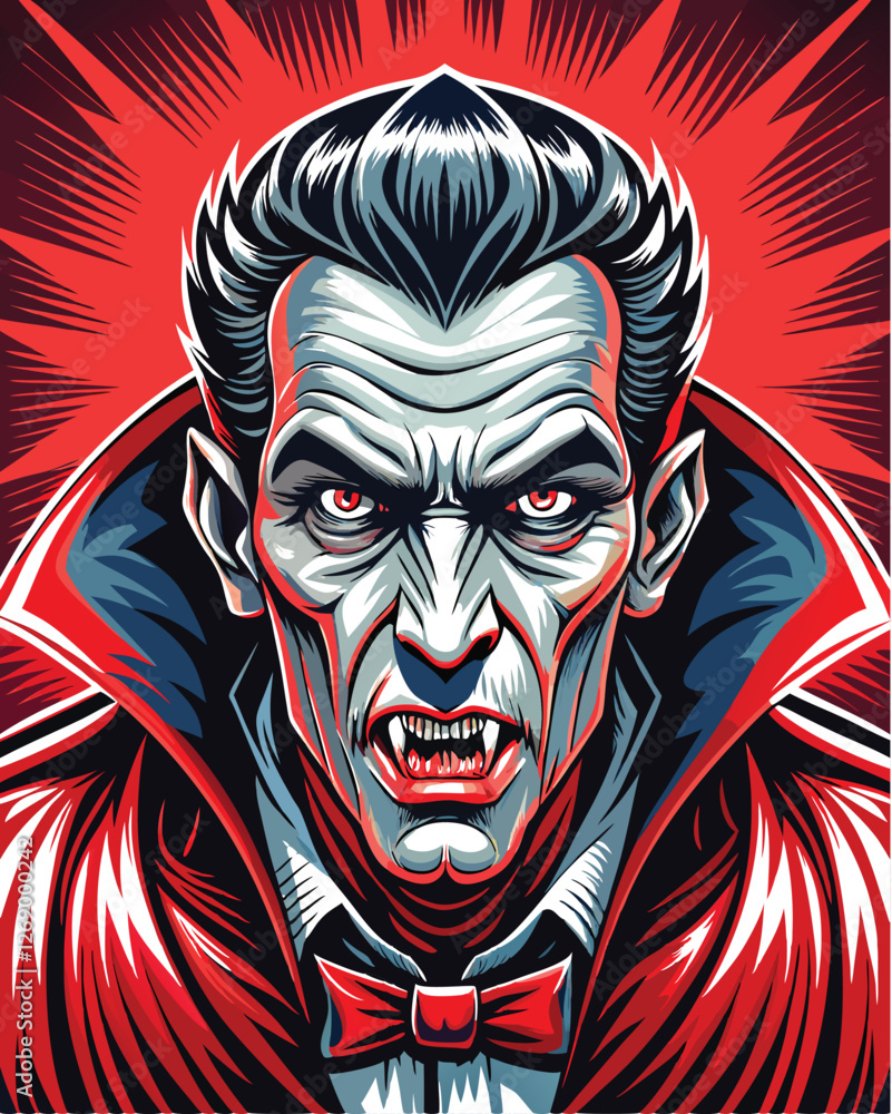 Design a retro horror movie poster featuring a bold, stylized vampire ...