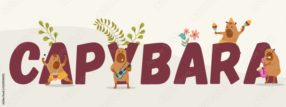 Capybara, capibara, capy text, cute funny adorable pet, animal. Flyer ...