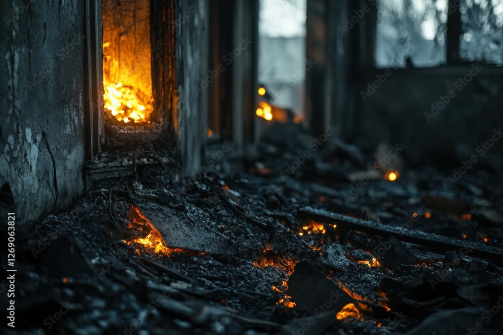 Glowing embers in a burnt out building reveal remnants of a devastating ...