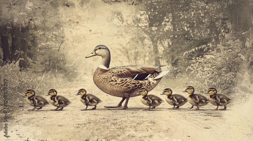 Vintage illustration of a mother duck and ducklings crossing a rustic ...