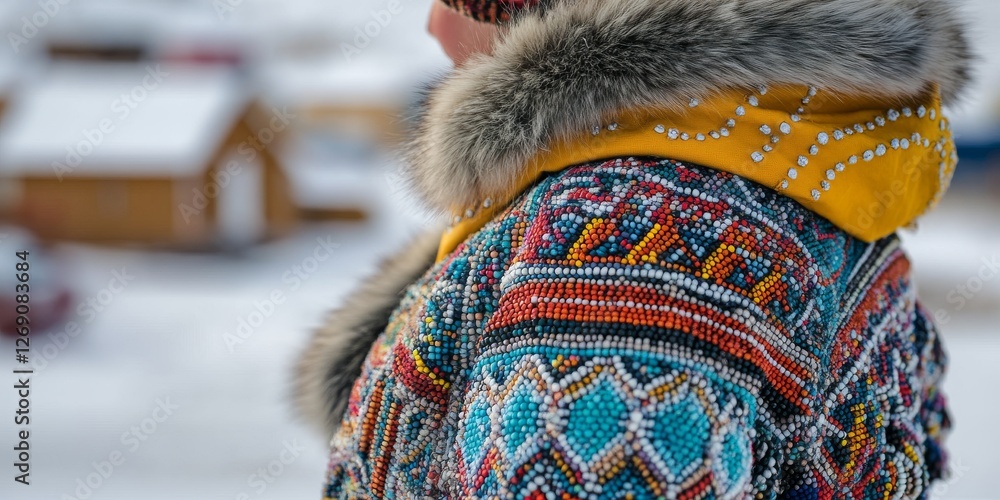 Alaskan native woman wearing traditional beaded kuspuk in winter ...