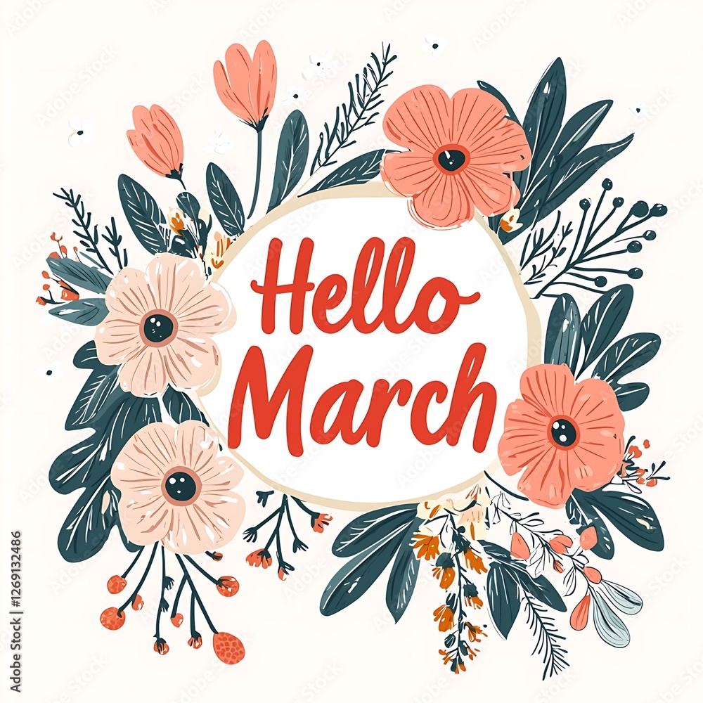 'Hello March' text with a circle flower frame. March decorations and ...