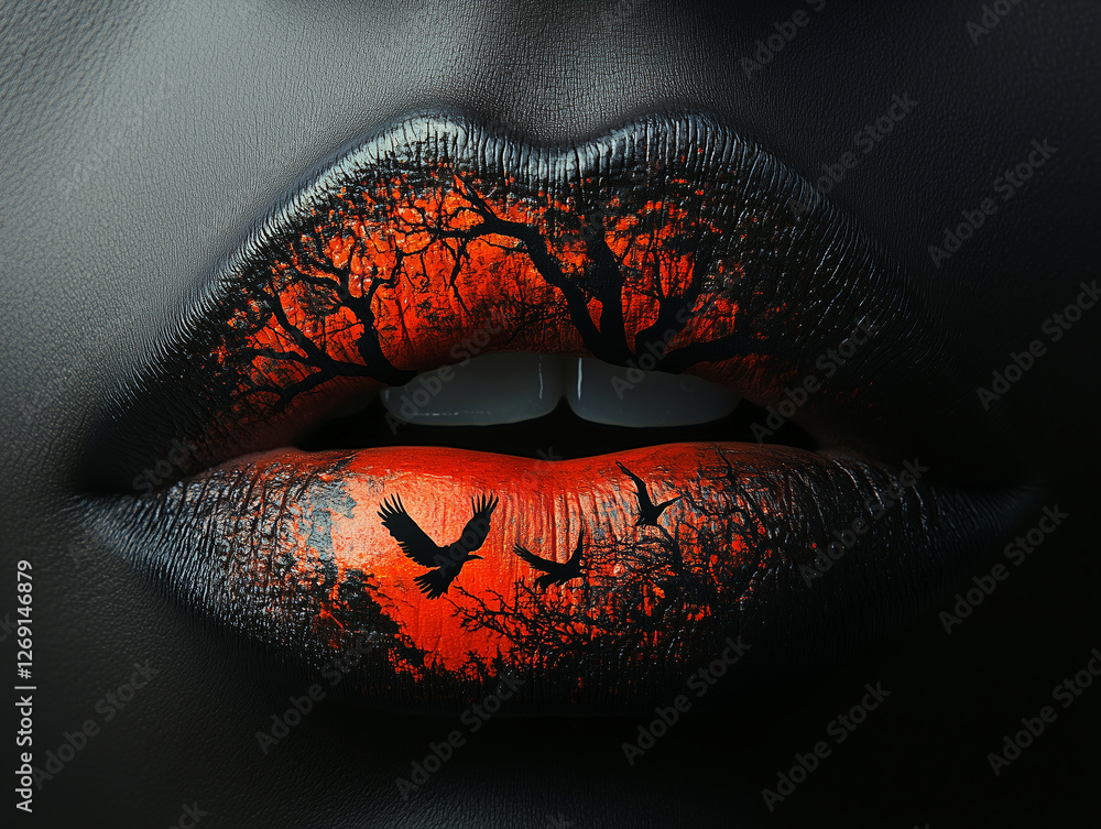 Beautiful female lips close with a colorful pattern of a flying birds ...