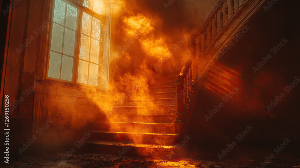 Fire emanating from a window of a residential house with dramatic ...