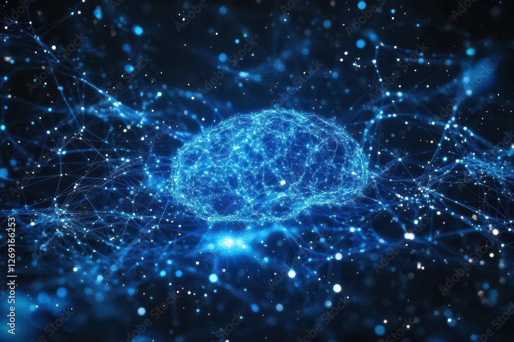 3d abstract digital brain formed by interconnected light particles deep ...