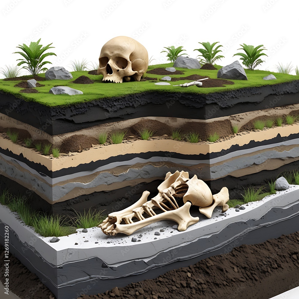 3D Cross-Sectional View of a ancient skull bone Burial Site – Detailed ...