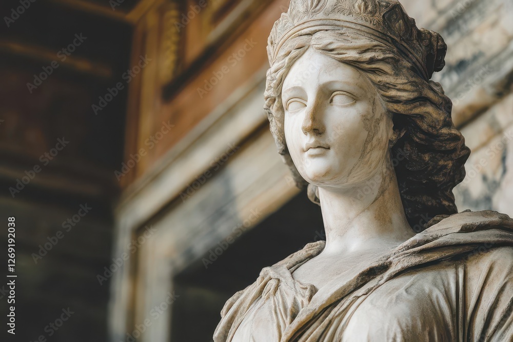 ancient marble goddess statue in flowing robes crowned with diadem ...