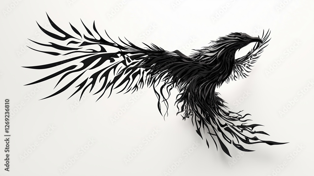 black and white illustration of a phoenix bird. The bird is in flight ...