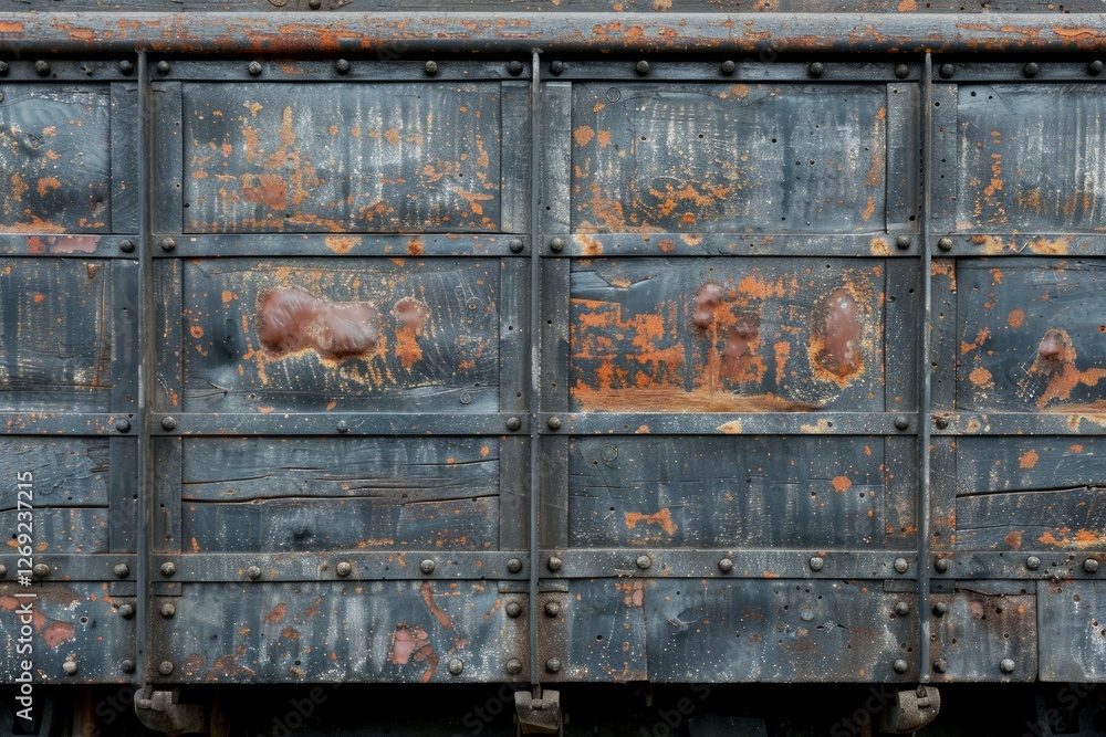 Side view of rust metal wall of railway wagon side part. Detailed photo ...