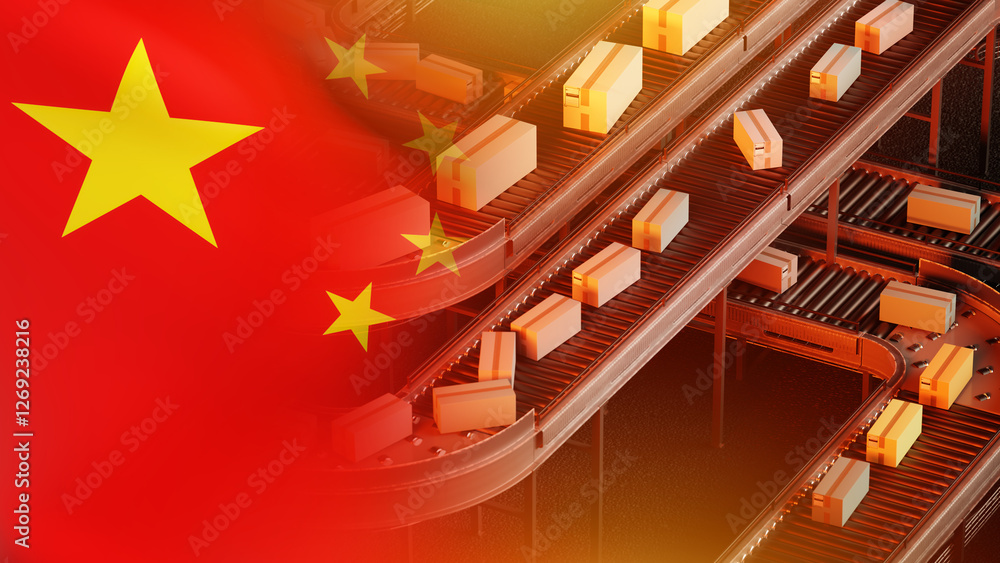 Distribution center in China. Boxes on conveyor line. Flag People ...