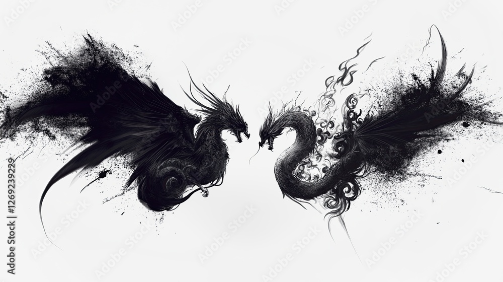 black and white illustration of two dragons. The dragon on the left is ...