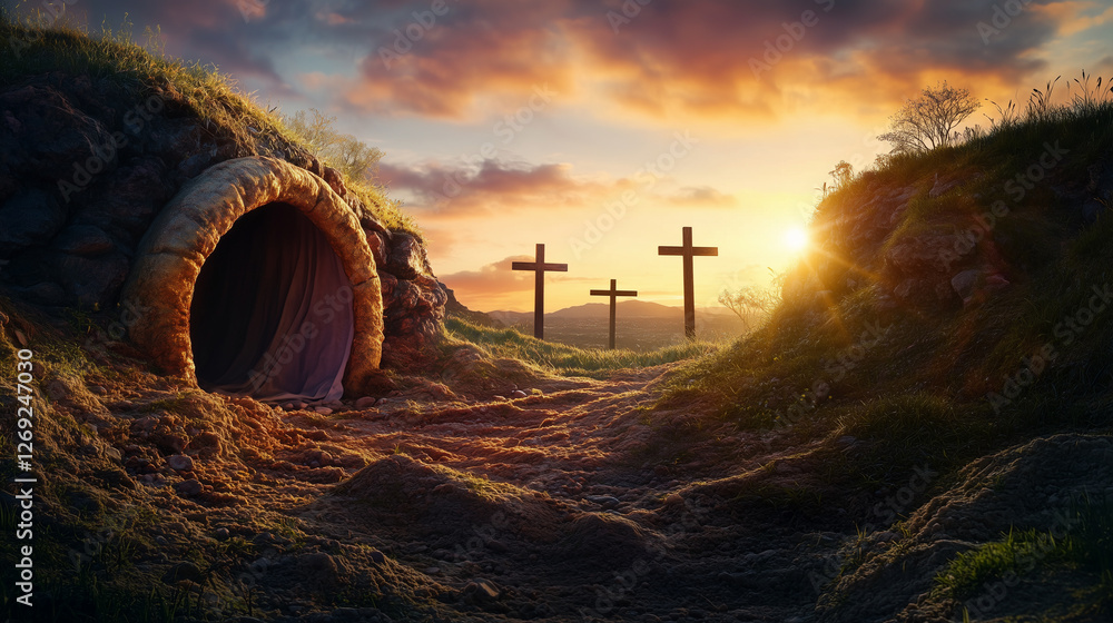 Half-open stone tomb,the tomb lies with shrouds scattered over a single ...