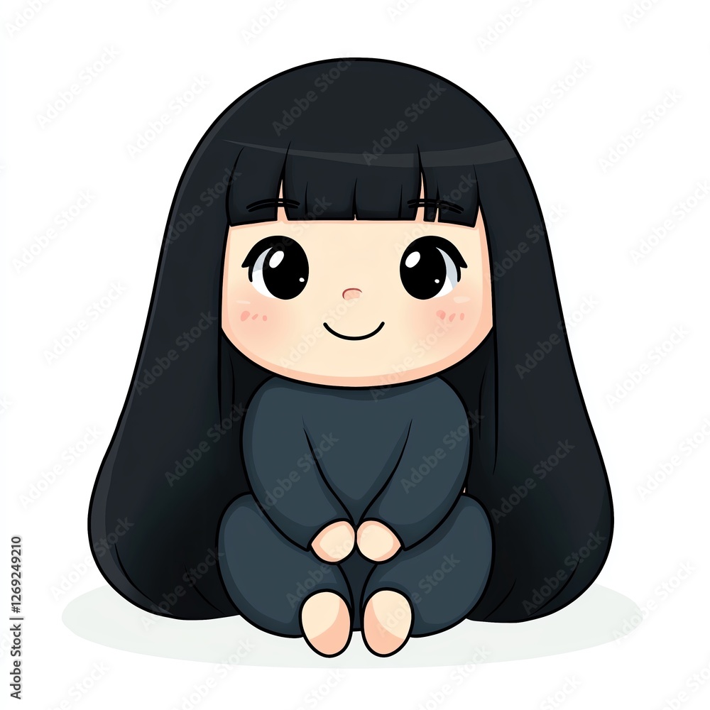 make a chibi design of a girl with black hair wearing white shirt in ...