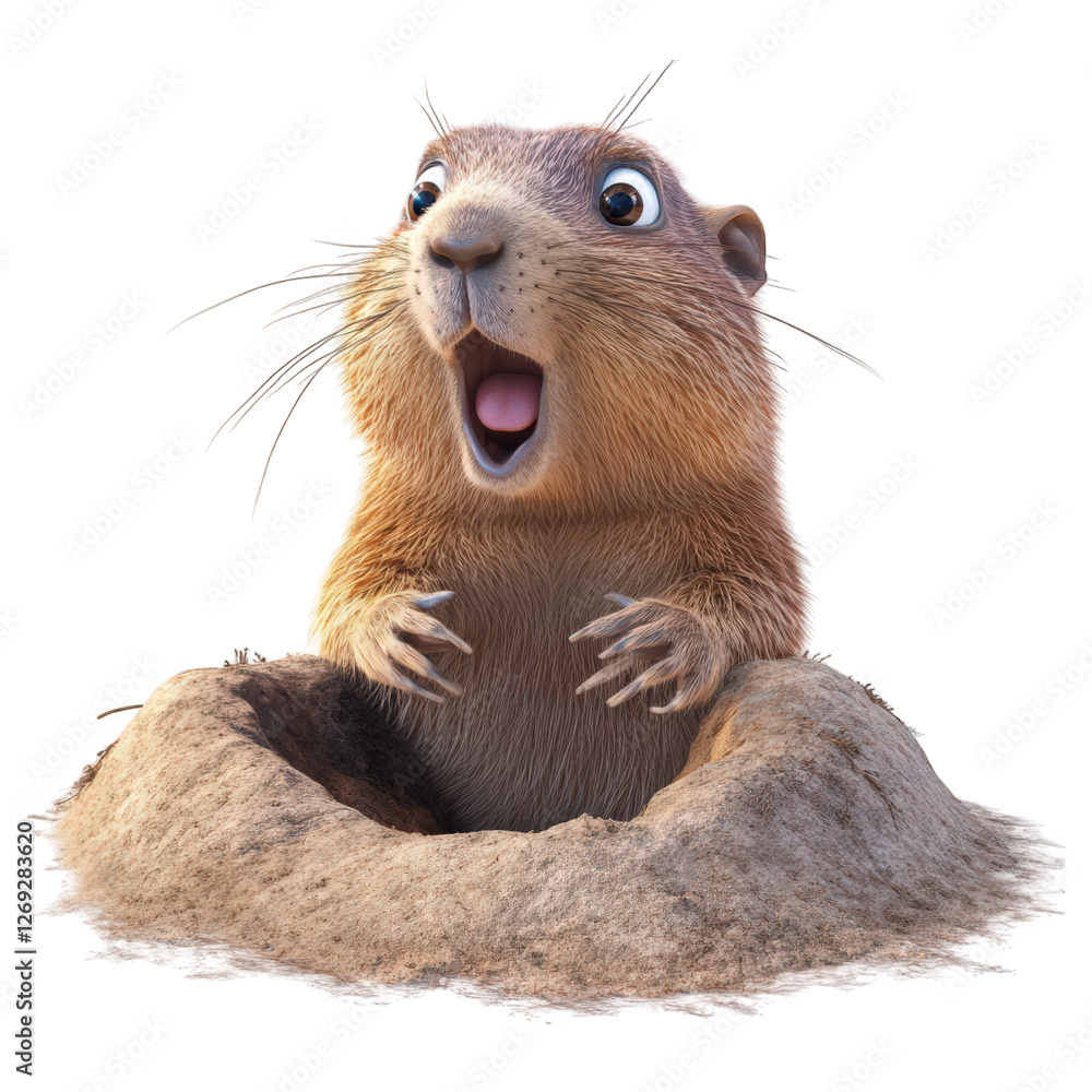 Cute cartoon groundhog popping out of its burrow with surprise and excitement. This adorable ...