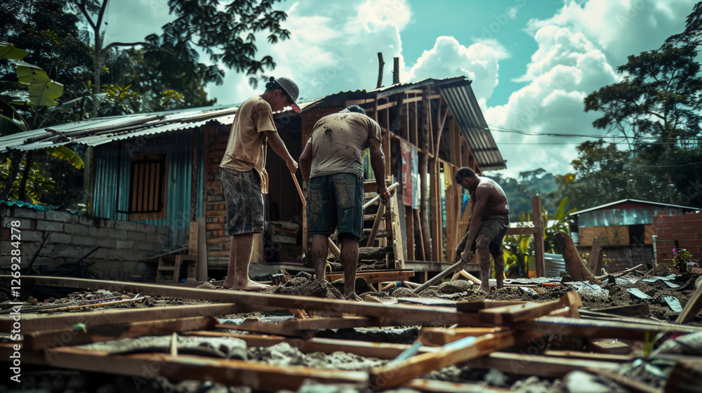 Sweat drips from Salvadoran laborers as they assemble a house using ...