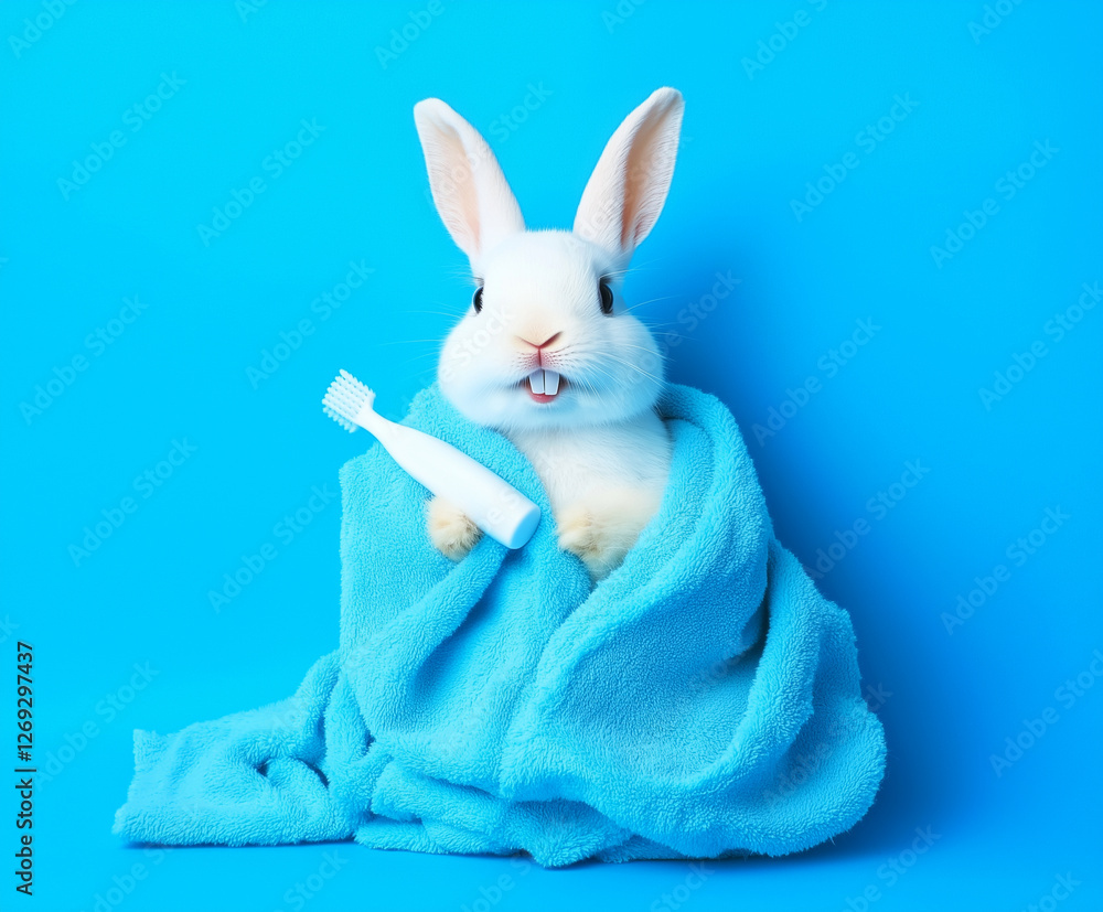 cute bunny wrapped in blue towel, holding toothbrush, ready for dental ...