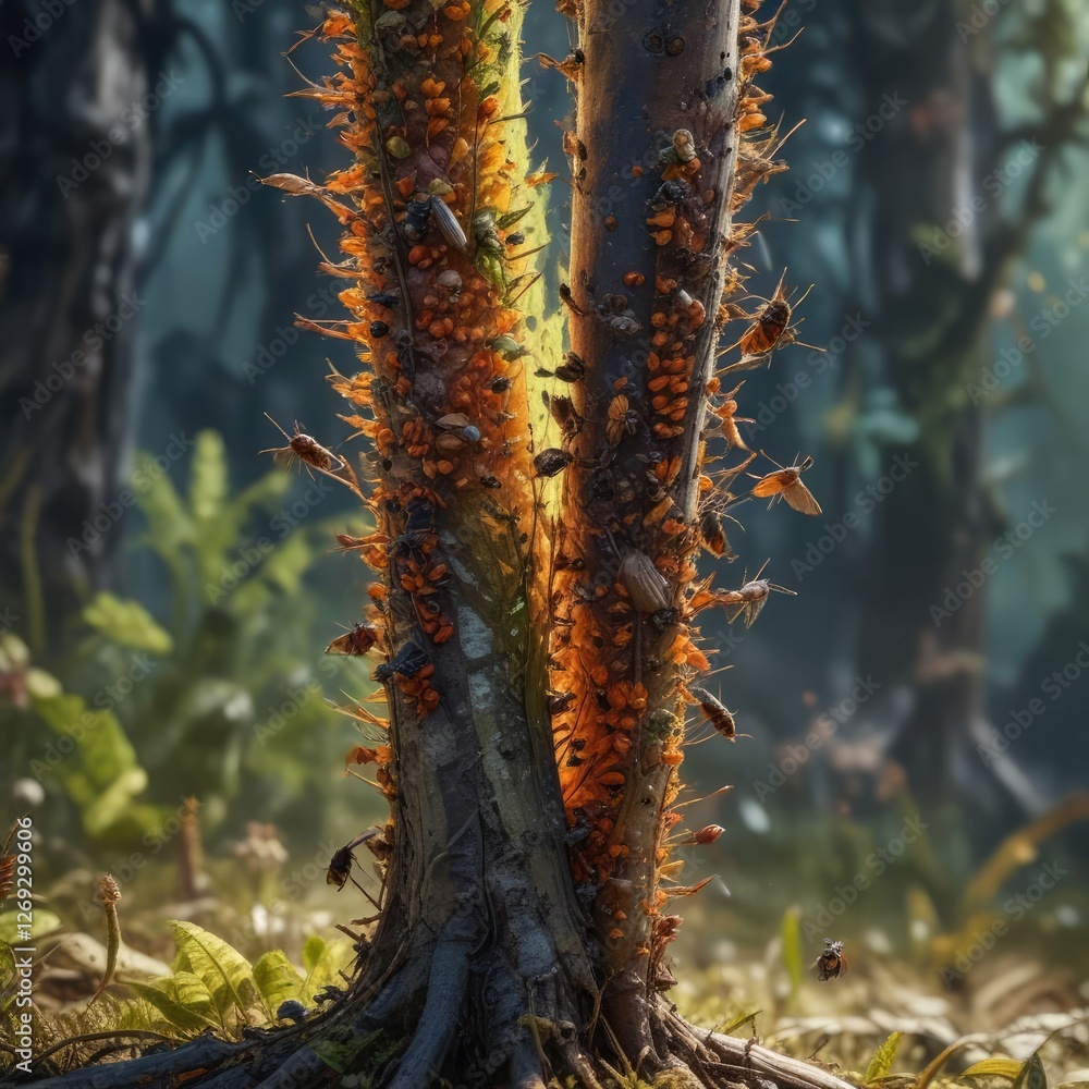 Stock-Illustration „Swarms of flies and beetles around a decaying plant ...