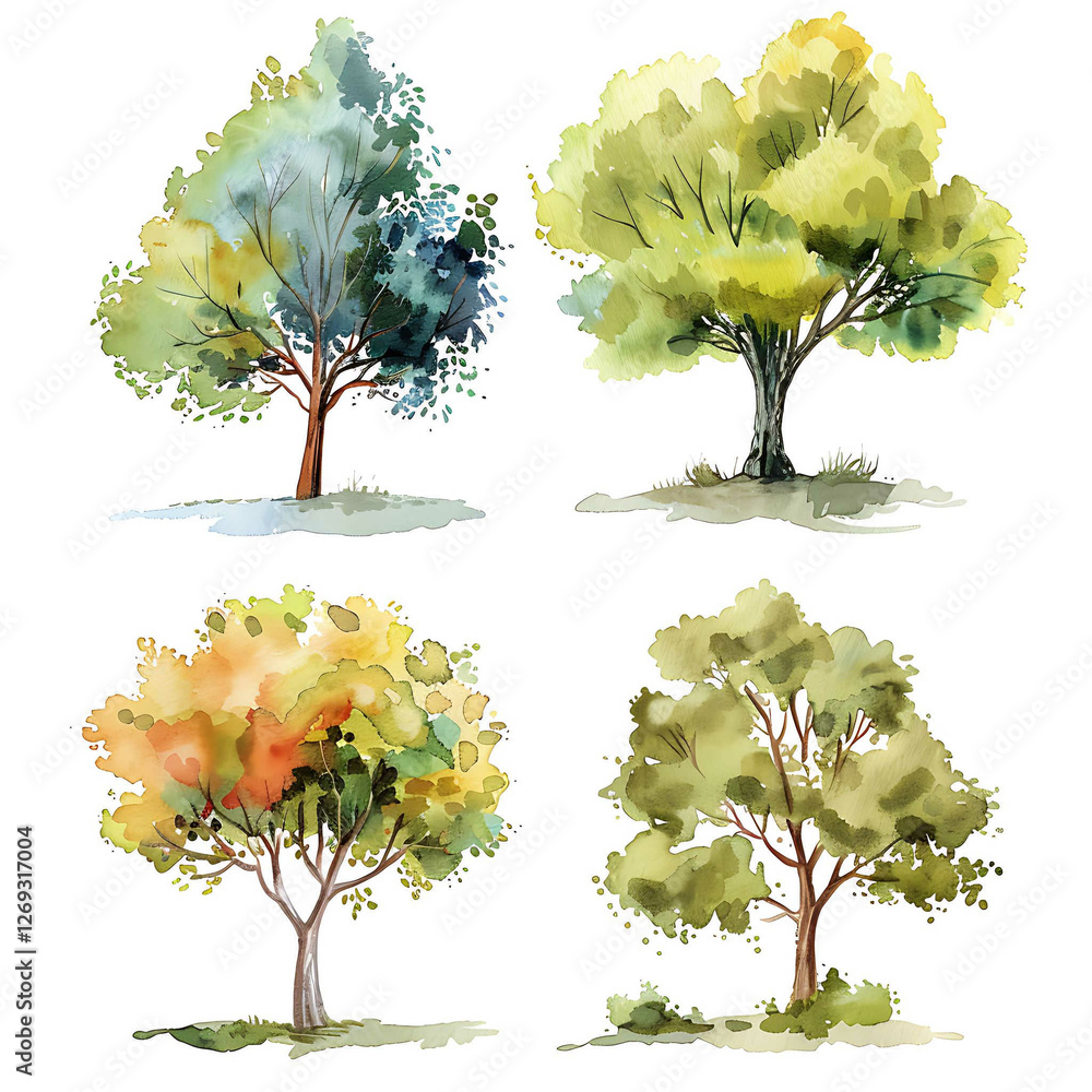 Ilustración de Stock Tree watercolor green painting, set of graphics ...