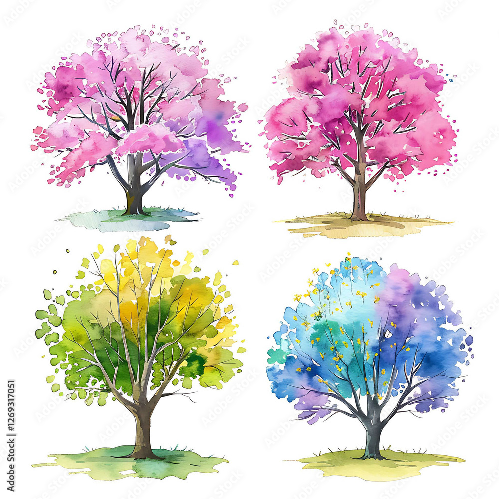 Ilustración de Stock Tree watercolor green painting, set of graphics ...