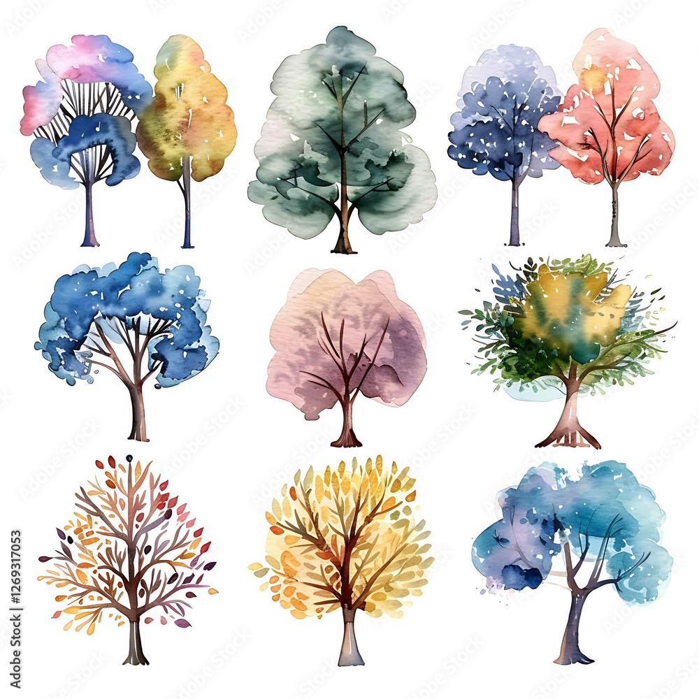 Tree watercolor green painting, set of graphics trees elements outline ...