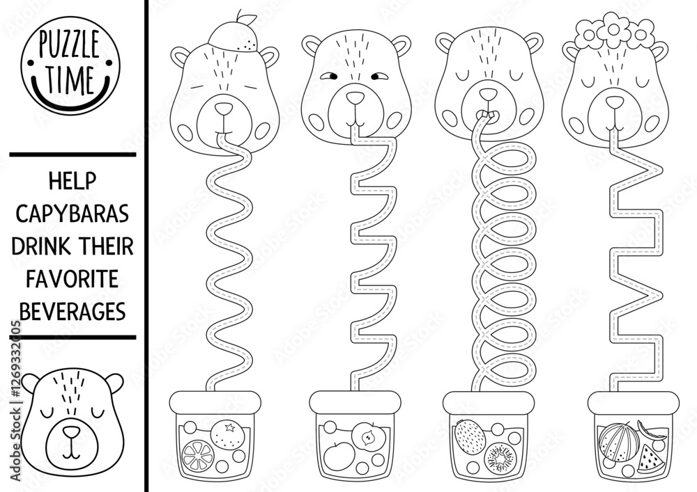 Vector handwriting practice worksheet with capybaras, bubble tea ...