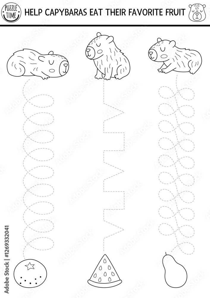 Vector black and white handwriting practice worksheet with capybaras ...
