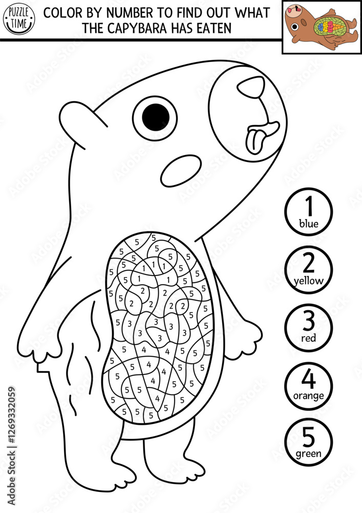 Vector line color by number activity with capybara and food in his ...