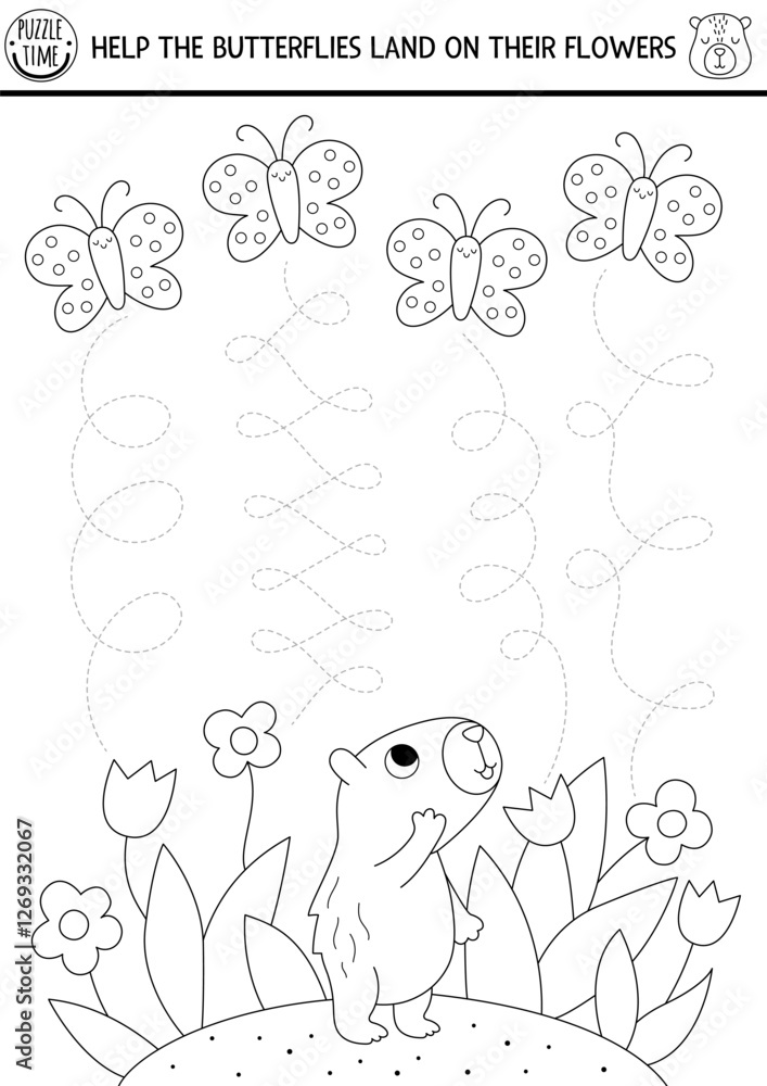 Vector black and white handwriting practice worksheet with capybara and ...