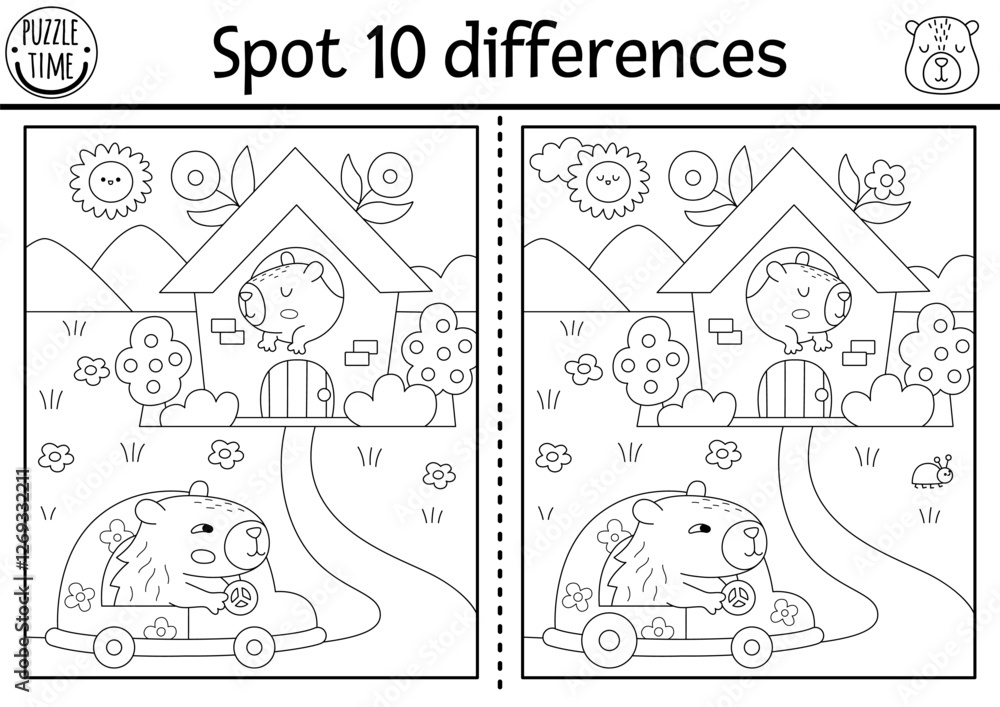 Find differences game for children. Capybara black and white ...