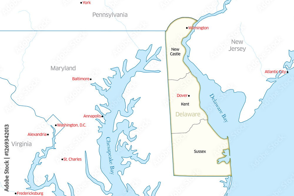 Detailed map of the state of Delaware, USA, showing its three counties ...