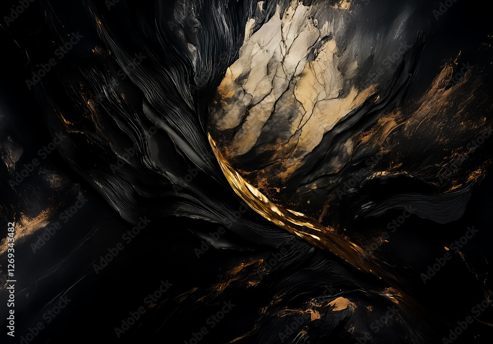 Dramatic abstract art featuring swirling black and gold shapes creating ...