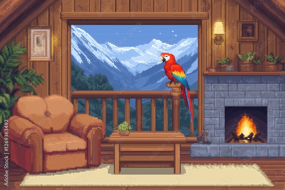Pixel Art Cozy cabin interior with mountain view, parrot, and warm ...