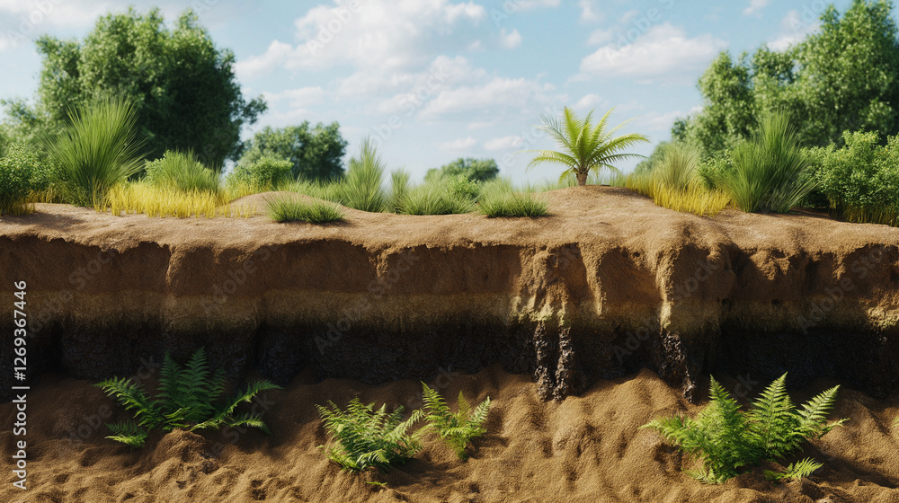 Foto de Stock A split-earth view of soil composition, where deep ...