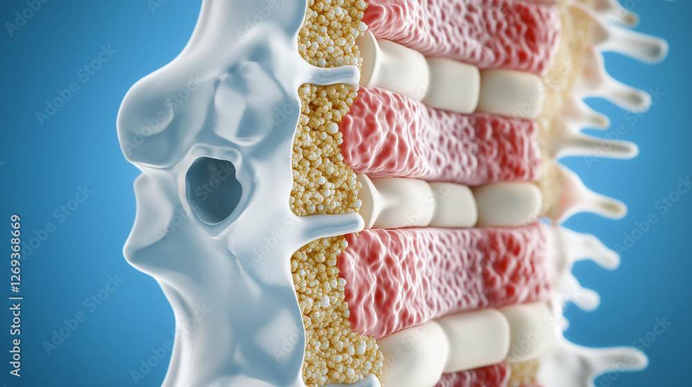 A detailed cutaway 3D model of bone cancer progression, displaying ...