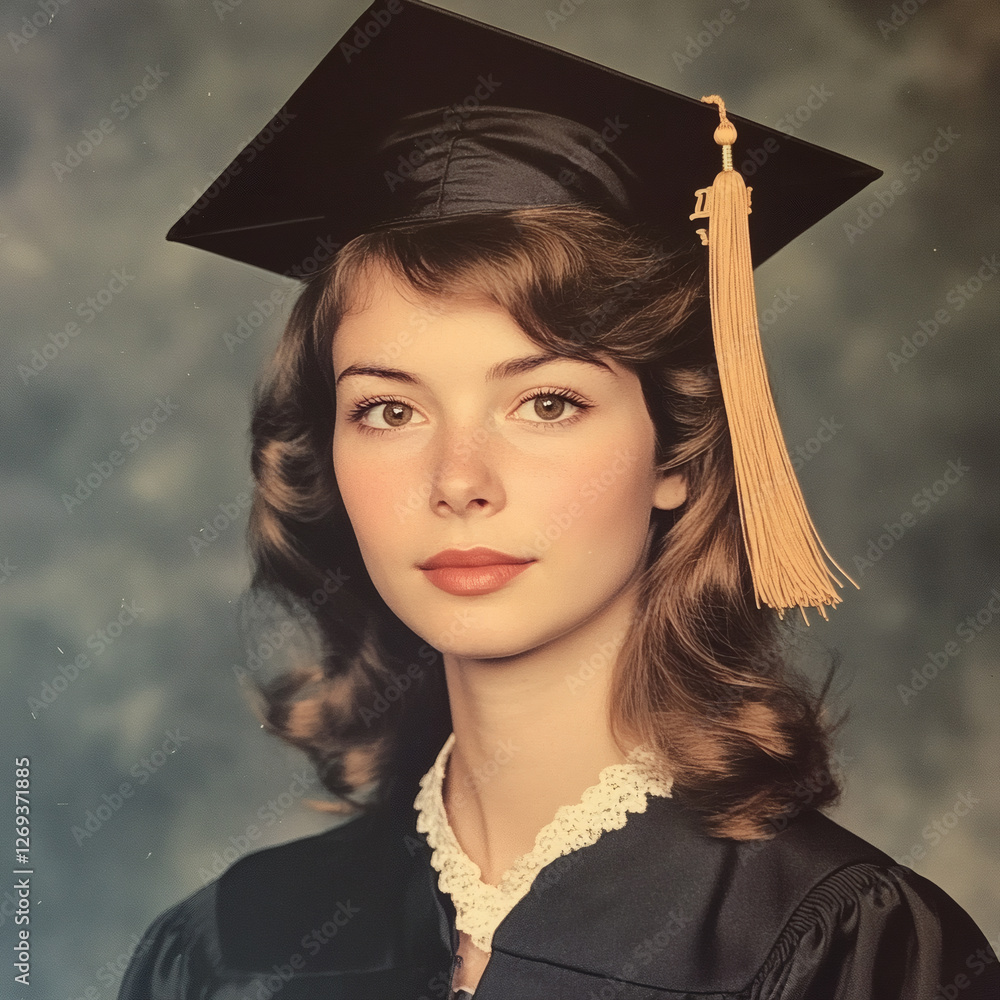 1970s style college graduation photo of a young woman with the typical ...