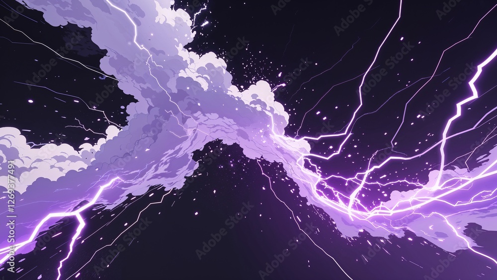 Abstract impact of platinum white and cursed violet glowing lightning ...