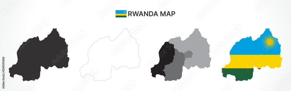 Detailed Rwanda Map Collection with Outline, Silhouette, Provinces, and Flag Overlay Variations ...