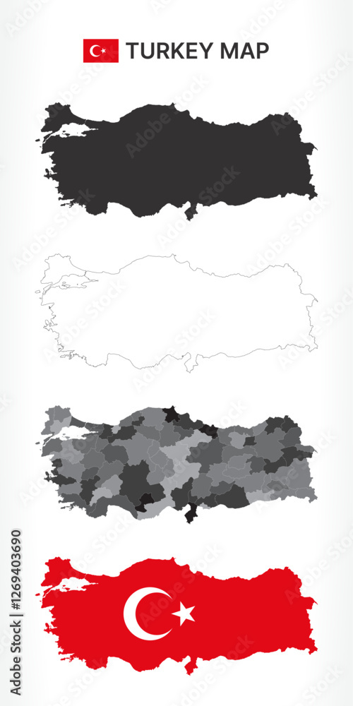 Detailed Turkey Map Collection with Outline, Silhouette, Provinces, and ...