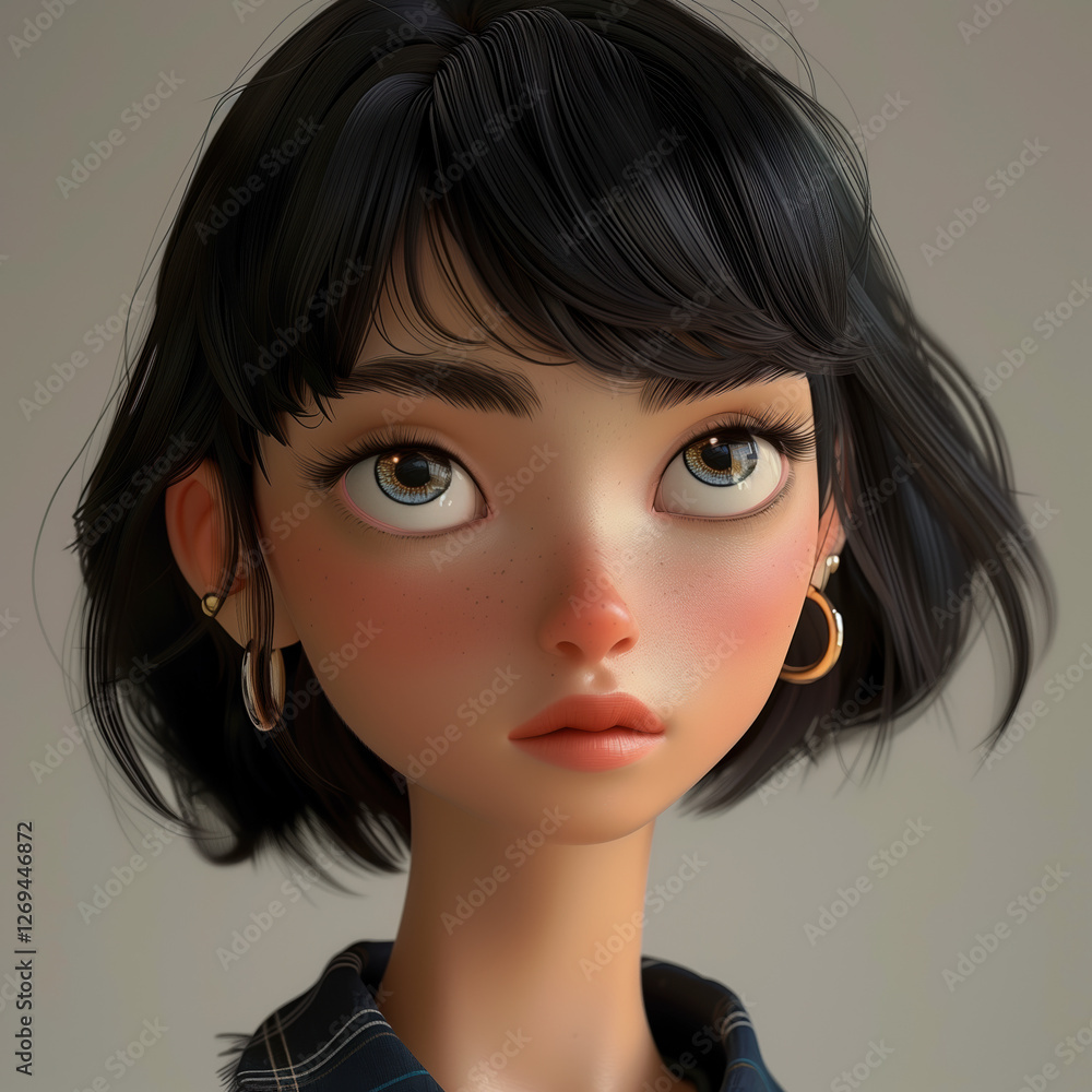 Character with short black hair and expressive eyes showcases detailed ...