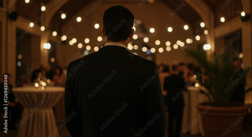 Dark formal event, man in tuxedo from behind, string lights, indoor ...