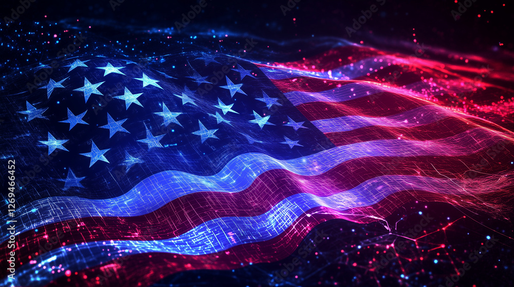American flag with a cyberpunk-inspired glitch effect, featuring ...