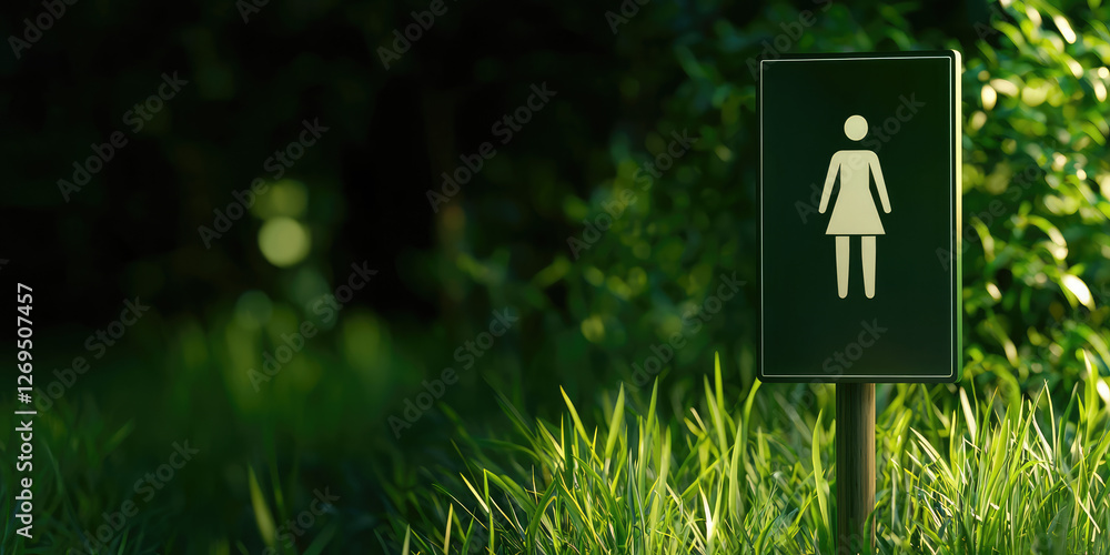 Sign pointer arrow with symbol of restroom in nature in the park. Sign ...