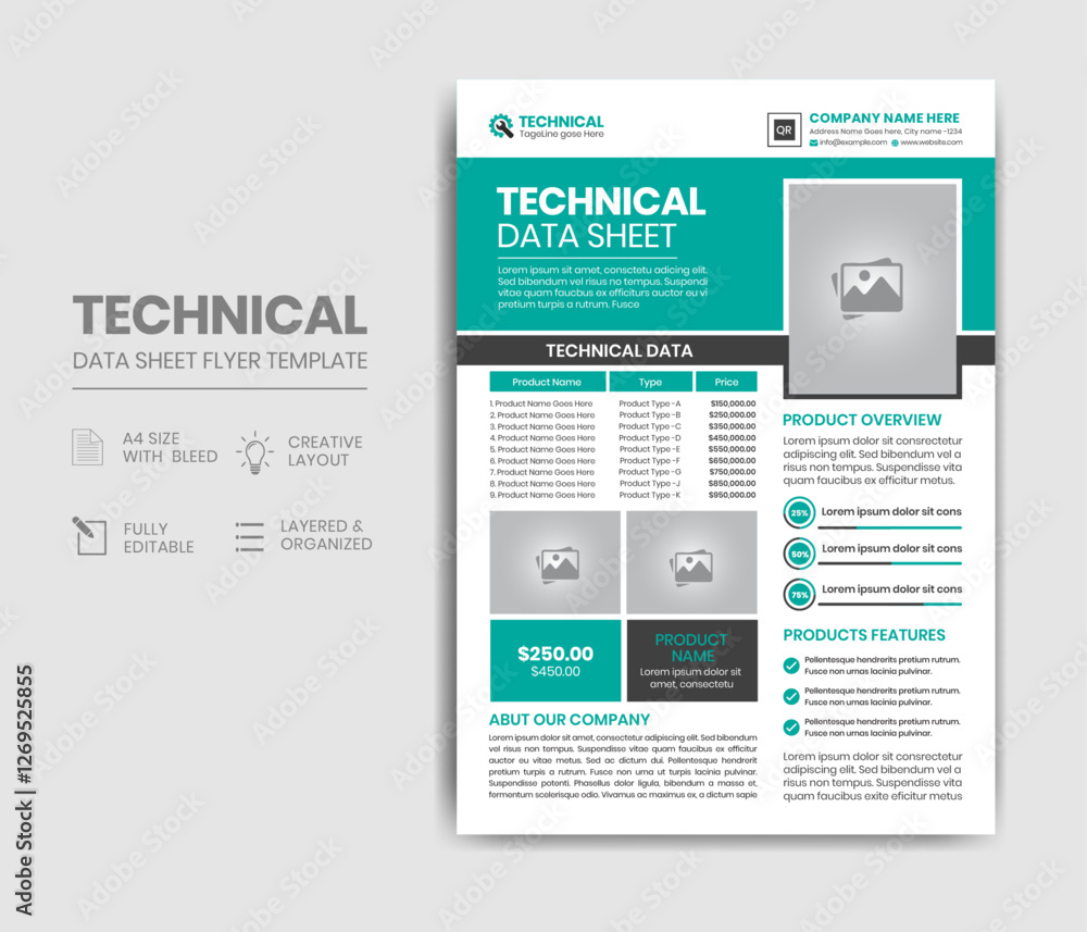 Technical Data Sheet Flyer Template Design Stock Vector | Adobe Stock