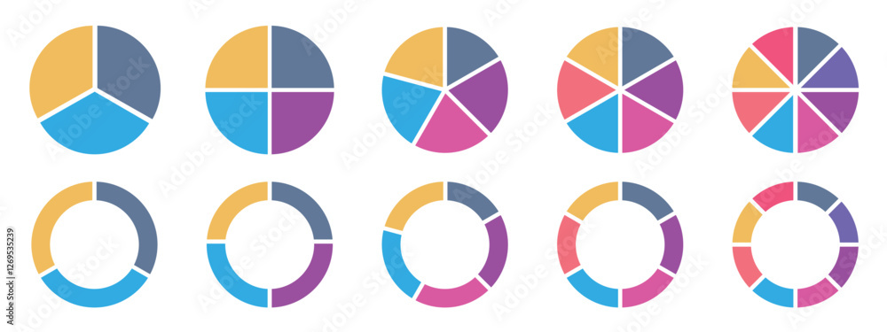 Pie chart color icons. Pie chart sign. Circle section graph. Wheel round diagram parts. pie ...