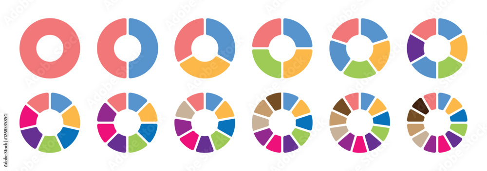 Pie charts diagram set. Circle pie charts 1,2,3,4,5,6,7,8,9,10,11,12 ...