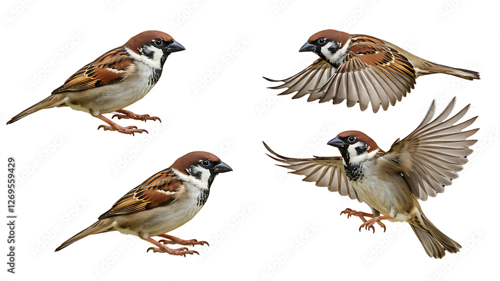 House sparrow bird in various poses including flying and perching ...